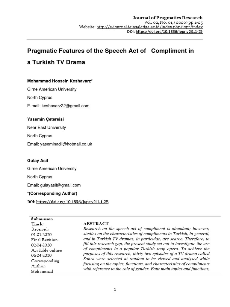 Pragmatic Features of The Speech Act of Compliment in Turkish TV Drama ...