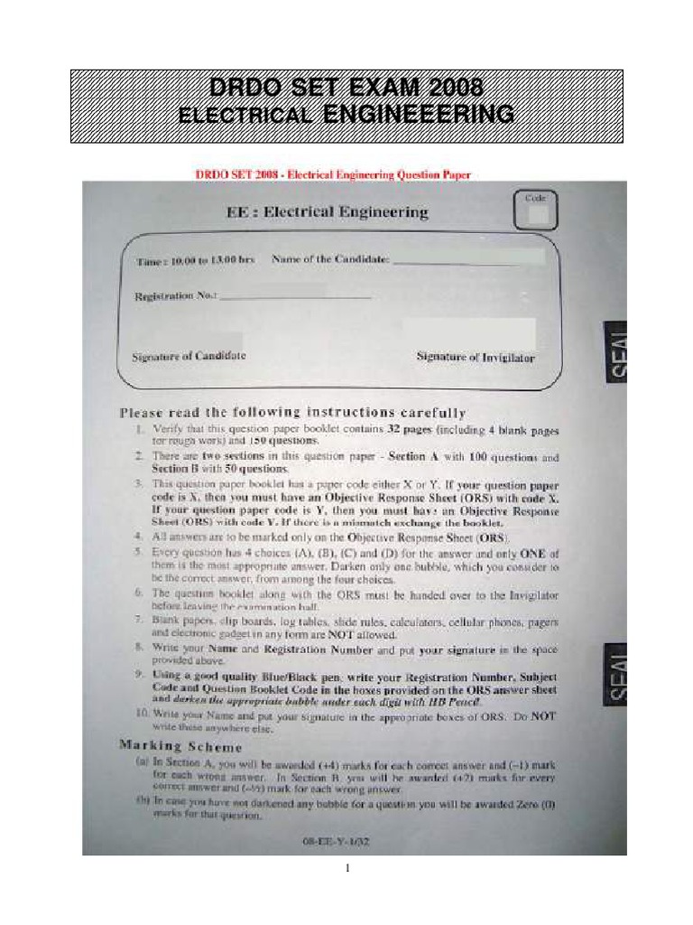 Drdo Set Exam 2008 Engineeering: Electrical | PDF