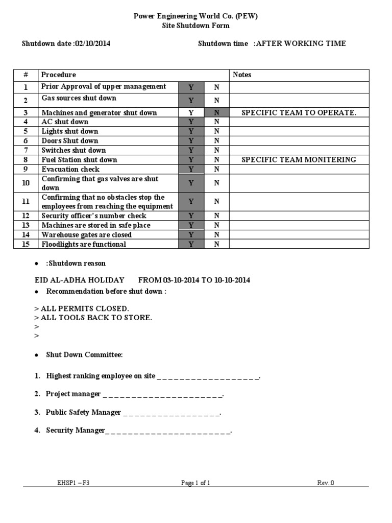EHSP1 - F3 Site Shutdown Form | PDF