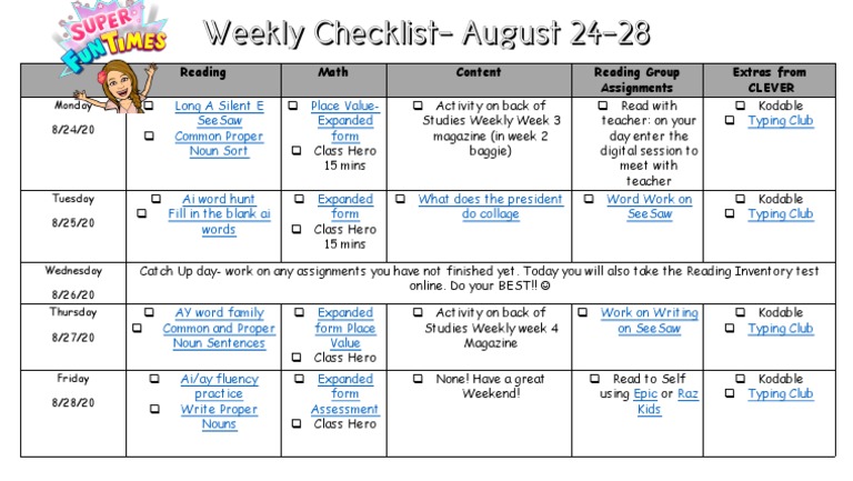 Weekly Learning Checklist: Aug 24-28 | PDF