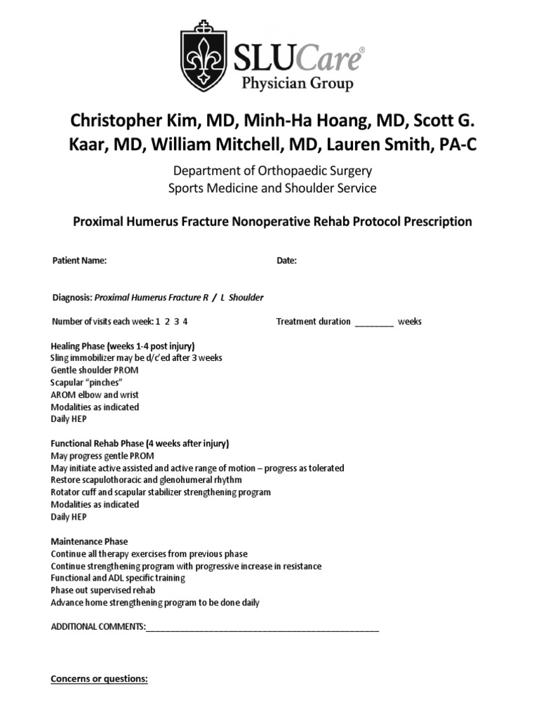 Proximal Humerus Fracture Non-Operative Treatment Protocol-SLU | PDF
