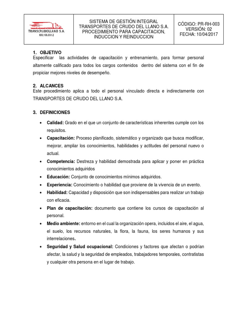 PR-RH-003 PR CAPACITACION INDUCCION Y REINDUCCION v2 | PDF | Seguridad y salud ocupacional ...