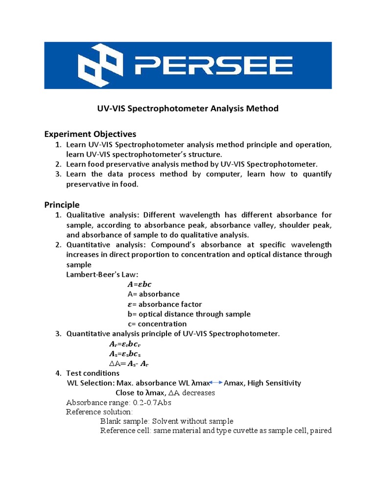 UV-VIS Spectrophotometer Analysis Method | PDF | Ultraviolet–Visible ...