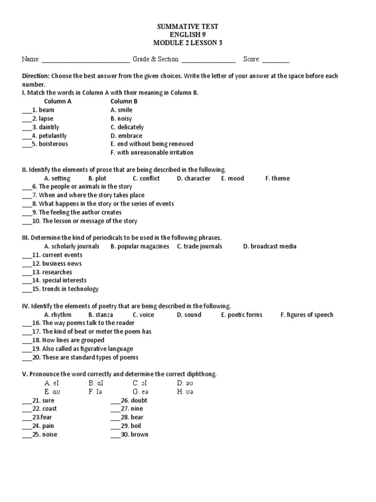 English 9 Summative Test Module 2 | PDF