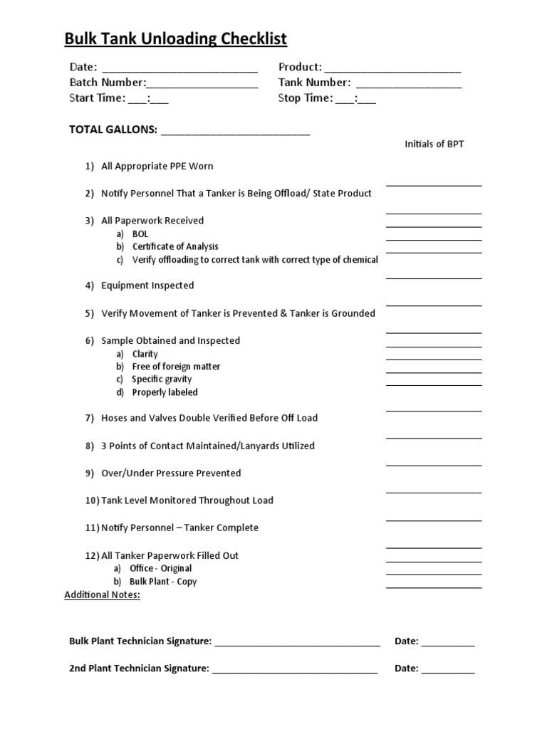 Bulk Tank Unloading Safety Checklist | PDF