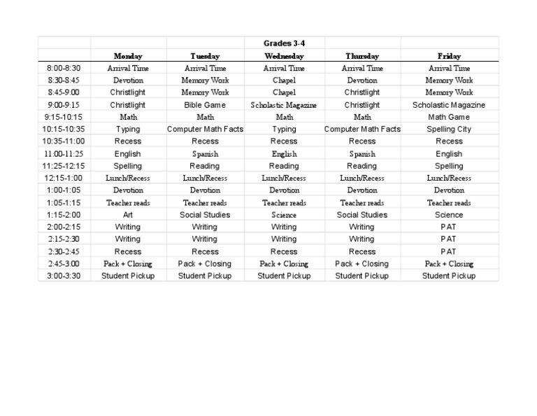 Weekly Schedule for Grades 3-4 | PDF