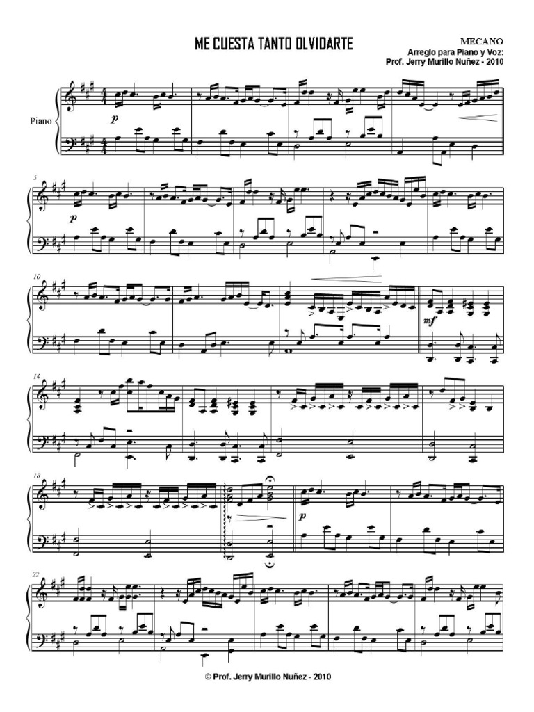 (Mus) Partitura - Mecano - Me Cuesta Tanto Olvidarte (Piano - Arreglo Prof. Jerry Murillo) PDF | PDF