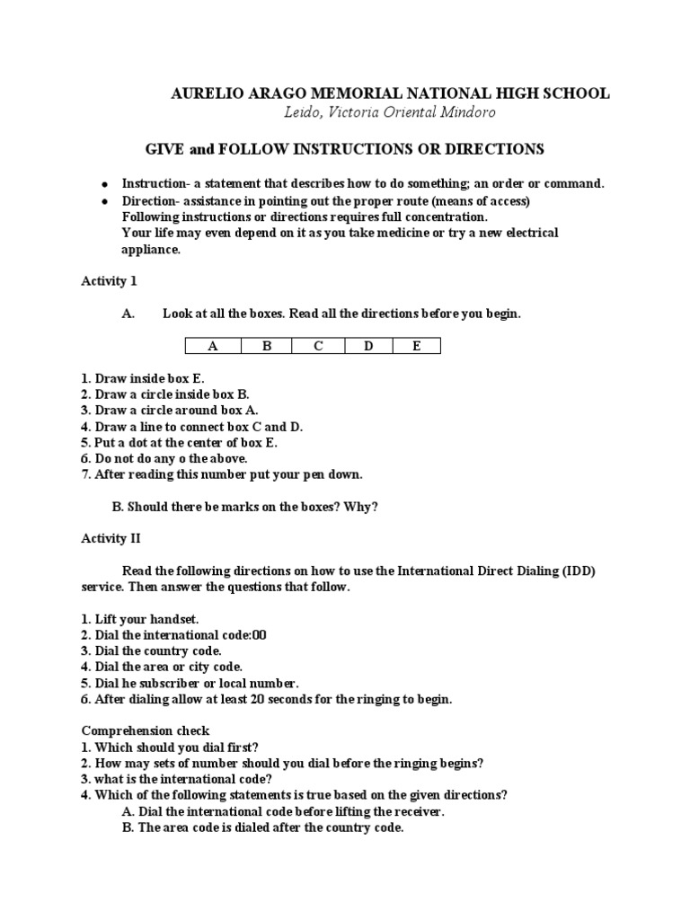 GIVE and FOLLOW INSTRUCTIONS OR DIRECTIONS | PDF | Telephone Numbering ...