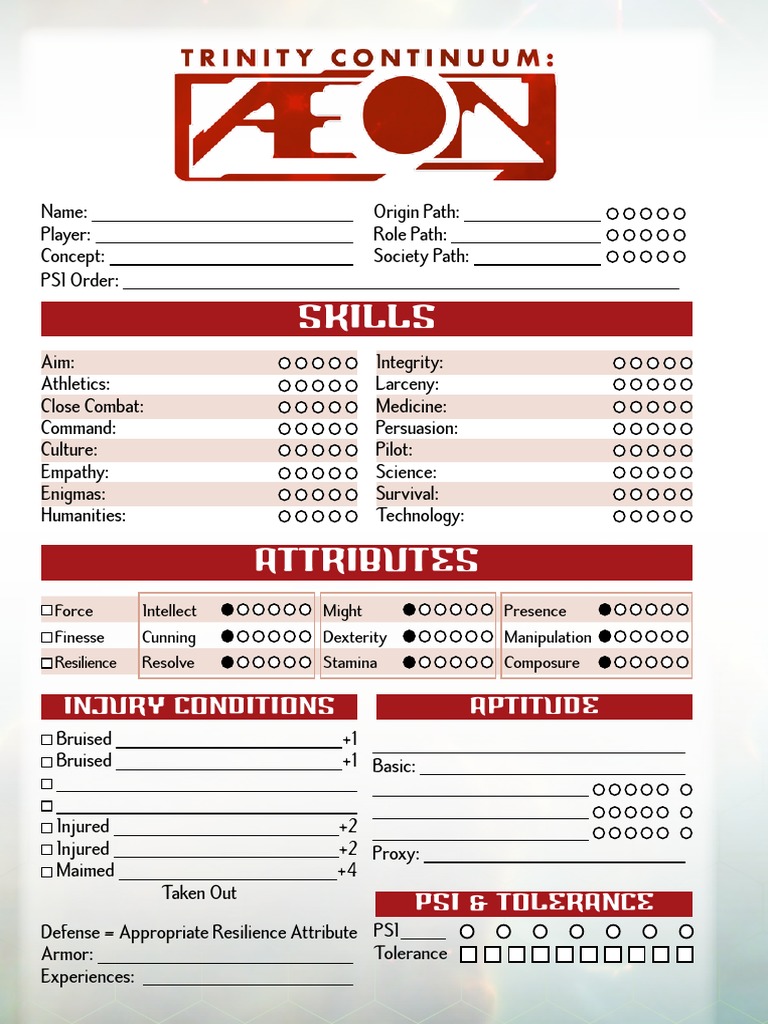Trinity Aeon Character Sheet (Non Interactive) PDF | PDF | Leisure | Sports