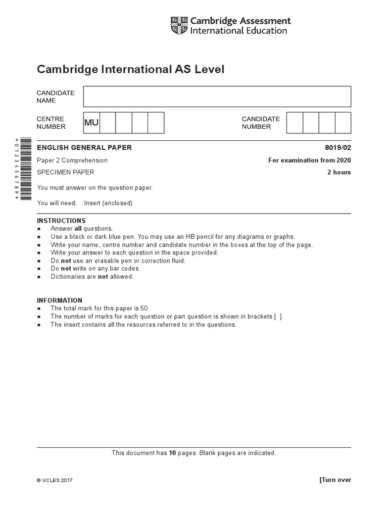 Cambridge International AS Level: English General Paper 8019/02 | PDF ...
