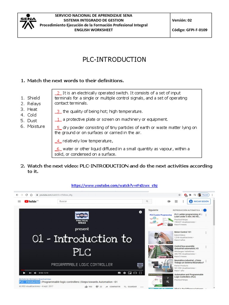 Plc-Introduction: 1. Match The Next Words To Their Definitions | PDF ...