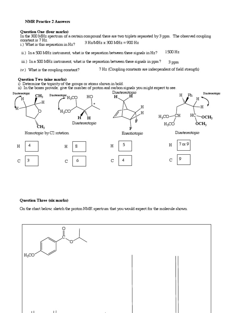 NMR Practice 2 Answers Question One (Four Marks) : 3 Diastereotopic ...