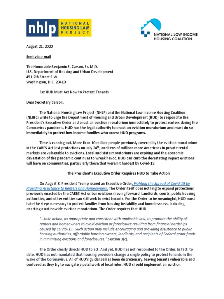 NHLP Follow Up Letter To HUD August 2020 | PDF | Eviction | United ...