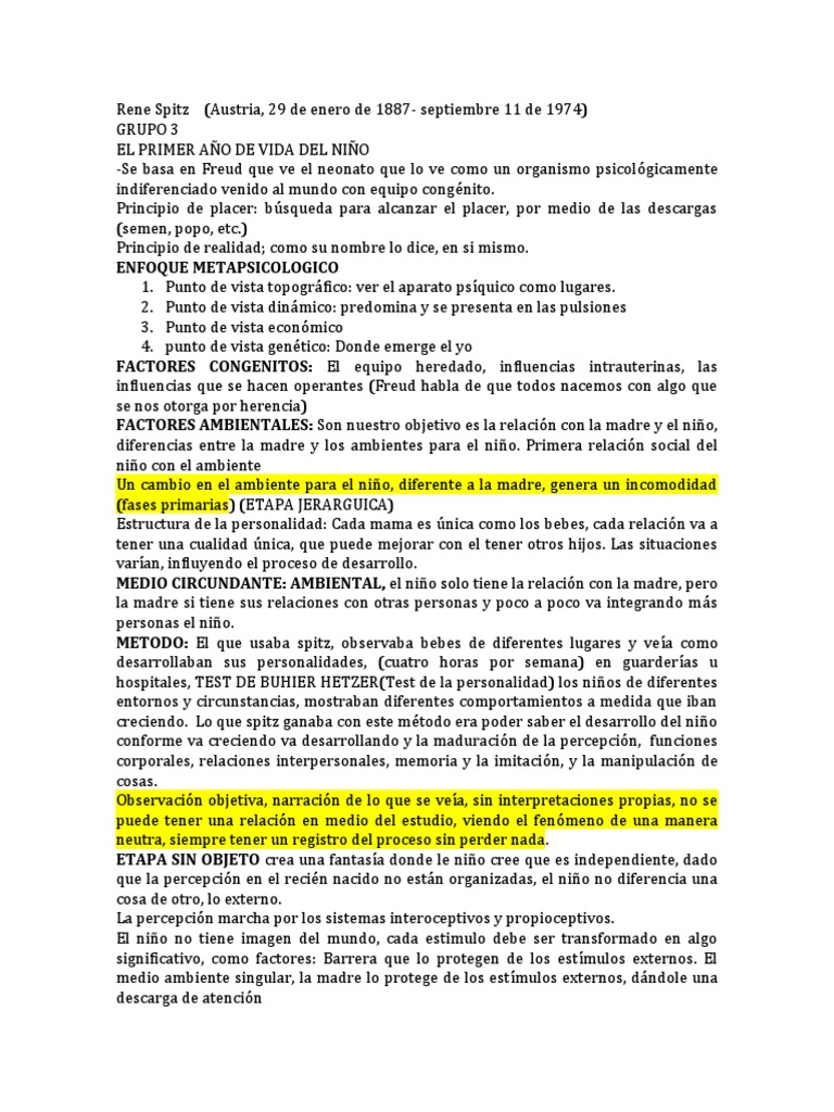 Rene Spitz Resumen de Su Obra | PDF | Percepción | Ciencias del ...