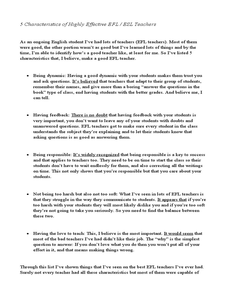 5 Traits of Effective EFL Teachers | PDF | English As A Second Or ...