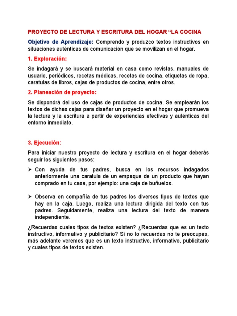 Pasos para Un Proyecto Lectura y Escritura (La Cocina) | PDF ...