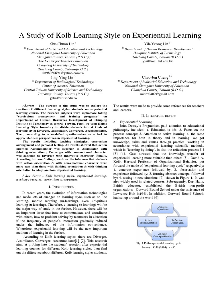A Study of Kolb Learning Style On Experiential Learning PDF | PDF ...