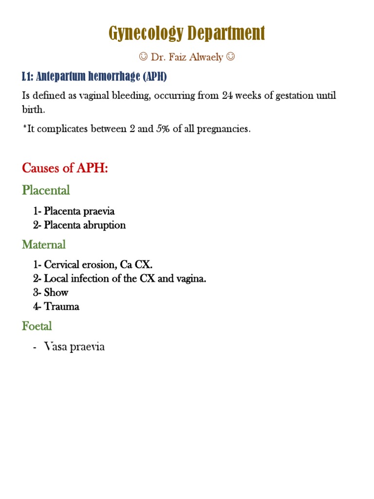 Gynecology Department: Causes of APH | PDF | Childbirth | Women's Health