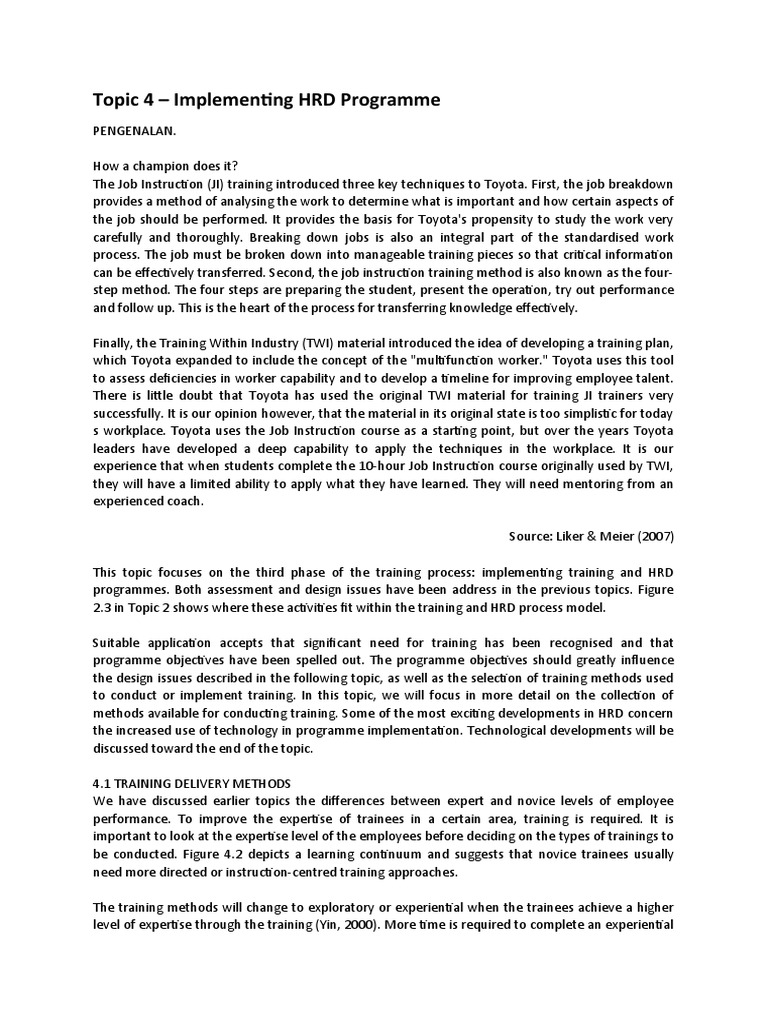 Topic 4 - Implementing HRD Programme | PDF | Educational Technology | Lecture