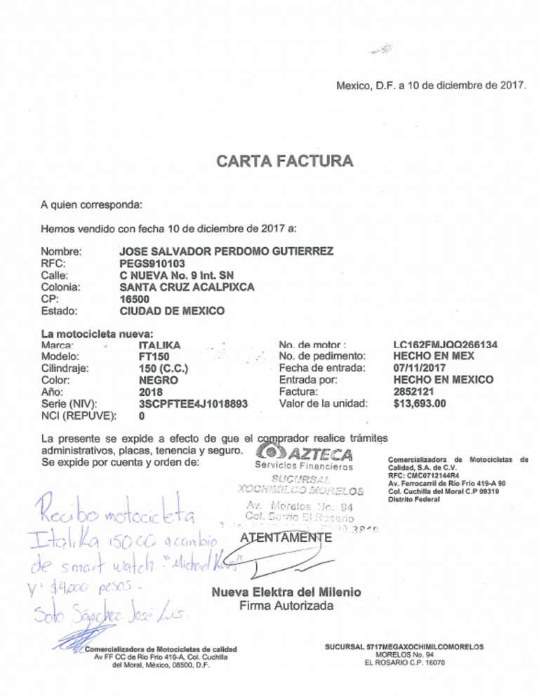 Carta Factura Italika150cc | PDF