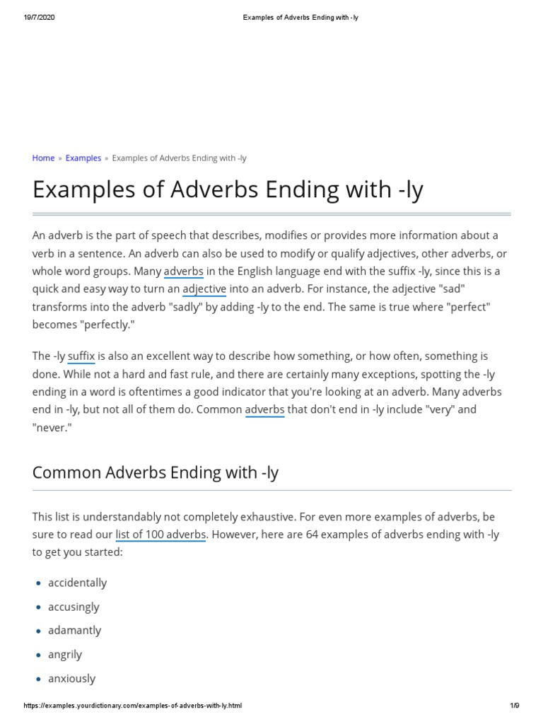 Examples of Adverbs Ending With - Ly PDF | PDF | Adverb | Adjective