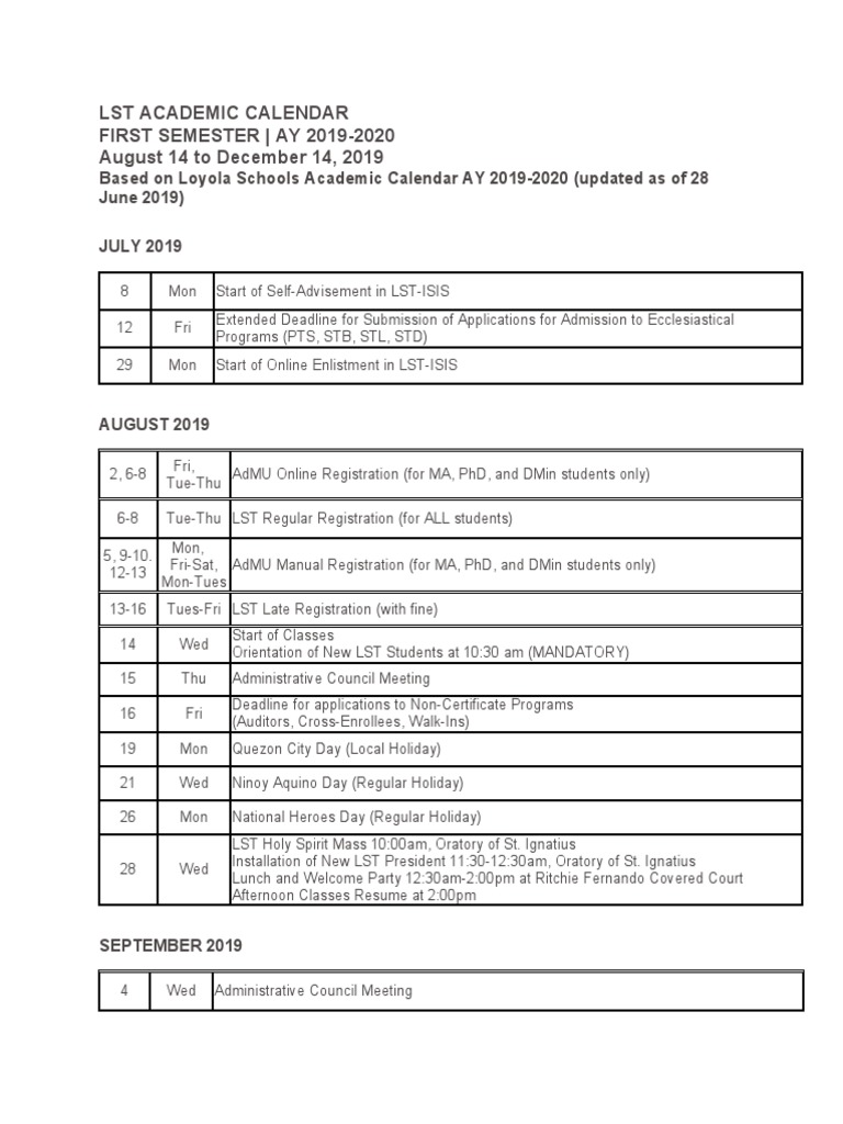 LST Academic Calendar AY 2019-2020 | PDF | Thesis | Academic Term