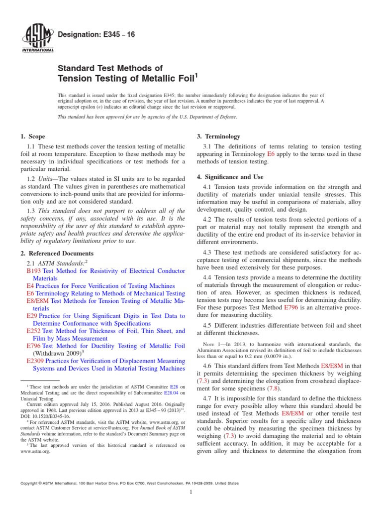 Tension Testing of Metallic Foil: Standard Test Methods of | PDF ...