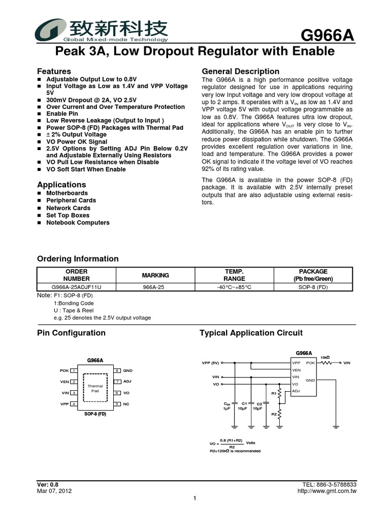 Peak 3A, Low Dropout Regulator With Enable: Features General ...
