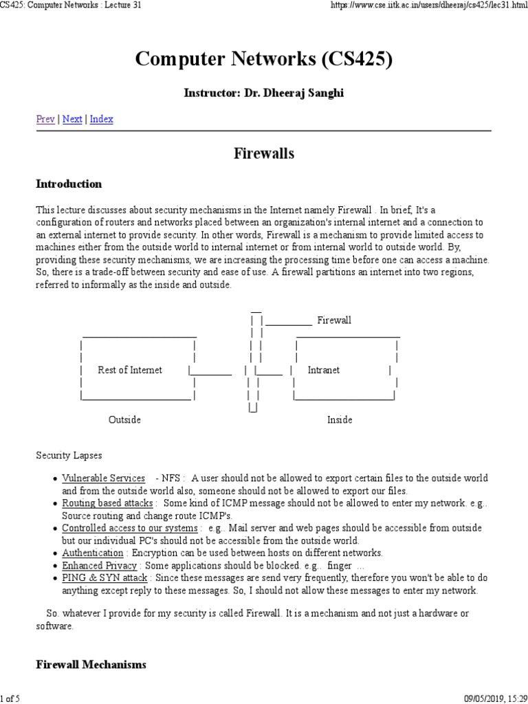 Computer Networks (CS425) : Firewalls | PDF | Firewall (Computing) | Proxy Server