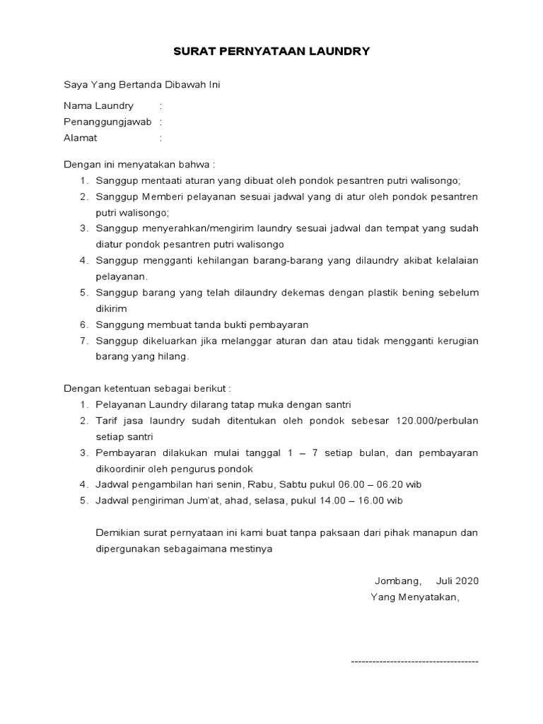 Surat Pernyataan Laundry Pondok | PDF