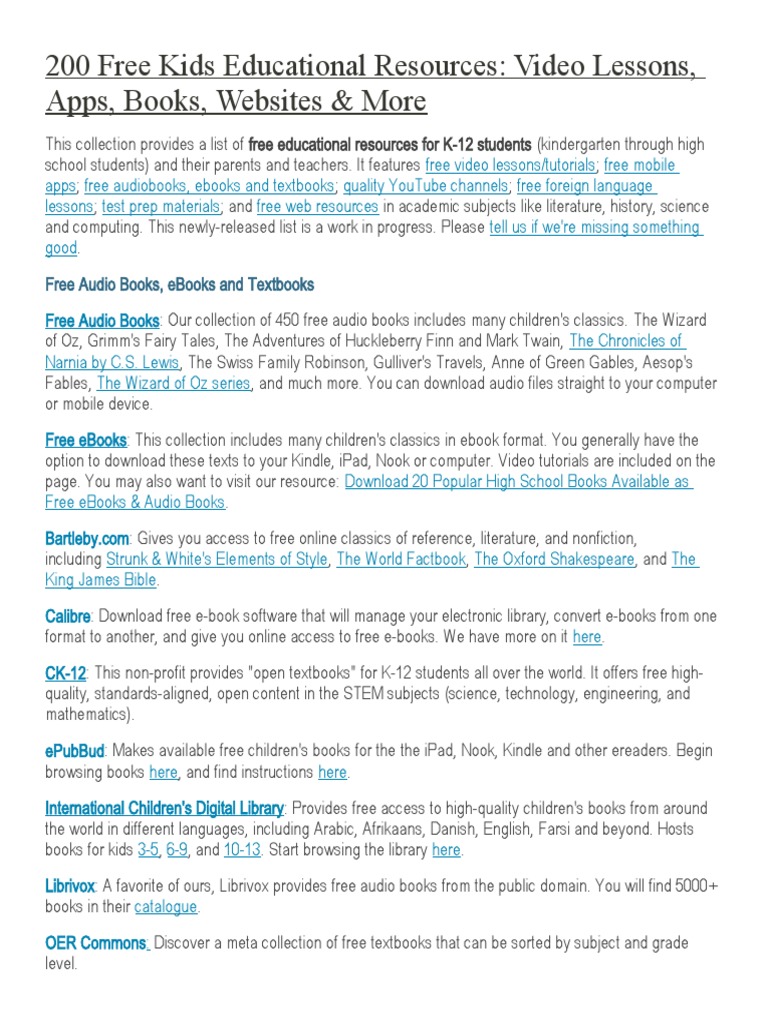 200 Free Kids Educational Resources | PDF | Teachers | E Books