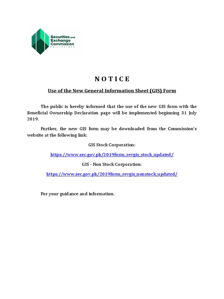 Notice: Use of The New General Information Sheet (GIS) Form | PDF