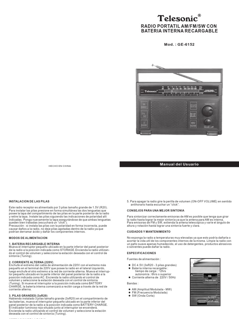 Manual Radio Telesonic GE-6152 | PDF | Modulación de frecuencia | Radio