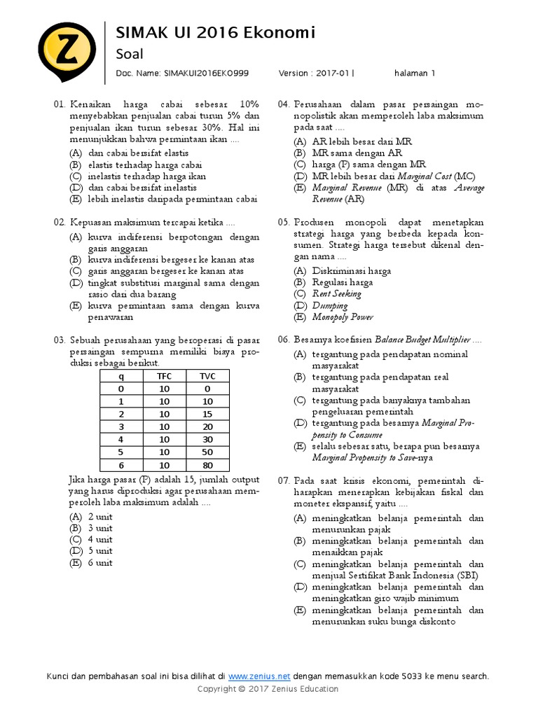 Soal SIMAK UI 2016 | PDF