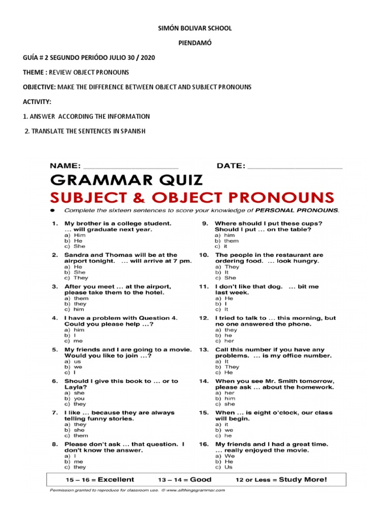 Guía 10° Obj Pronouns | PDF