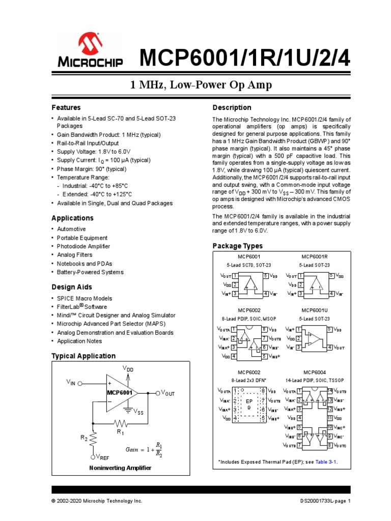 MCP6001 PDF | PDF | Amplifier | Operational Amplifier