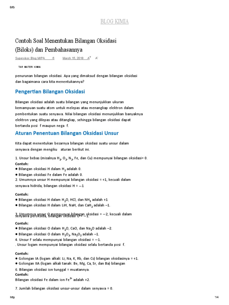 ATURAN BILOKS DAN Contoh Soal Menentukan Bilangan Oksidasi (Biloks) | PDF