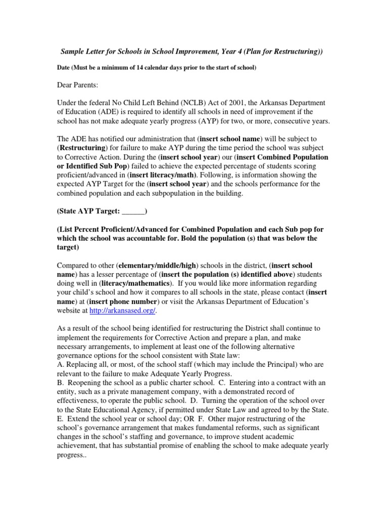 Sample Letter For Schools in School Improvement, Year 4 (Plan For ...