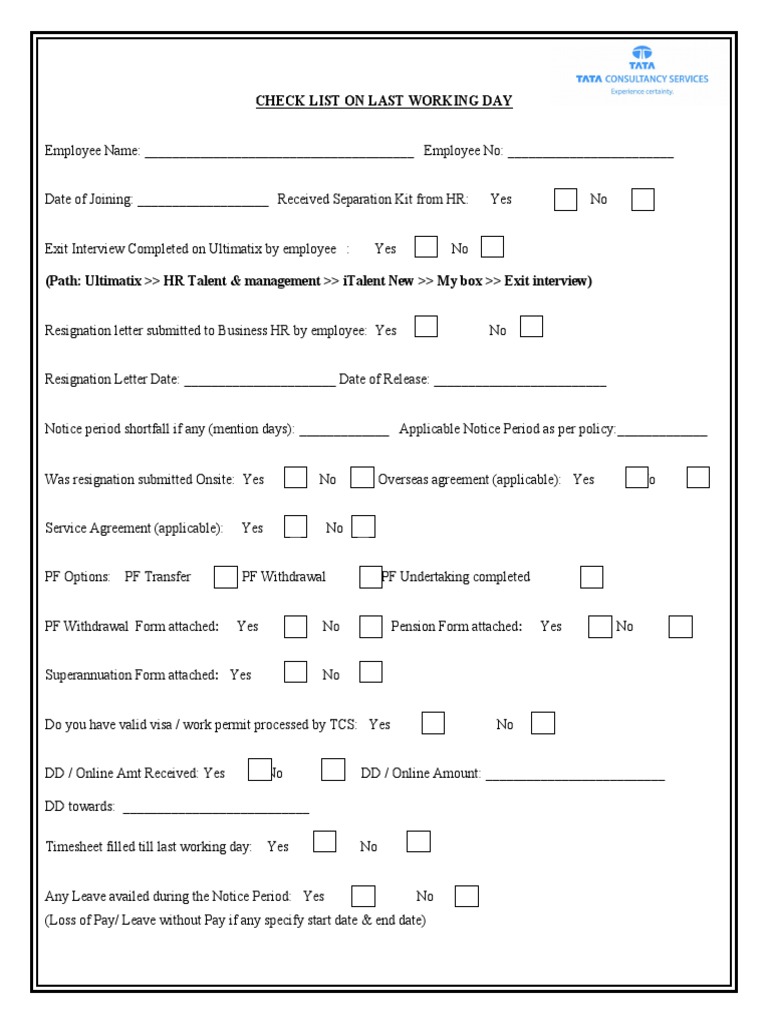 Last Working Day Document Checklist | PDF | Pension | Employment