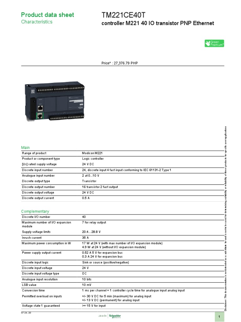 Logic Controller - Modicon M221 - TM221CE40T PDF | PDF | Usb | Power Supply