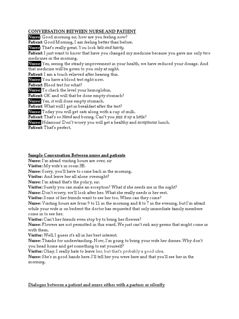 Nurse Nurse Nurse:: Dialogue Between A Patient and Nurse Either With A ...