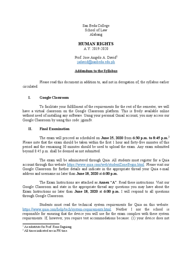 Addendum To The Syllabus | PDF | Essays | International Law