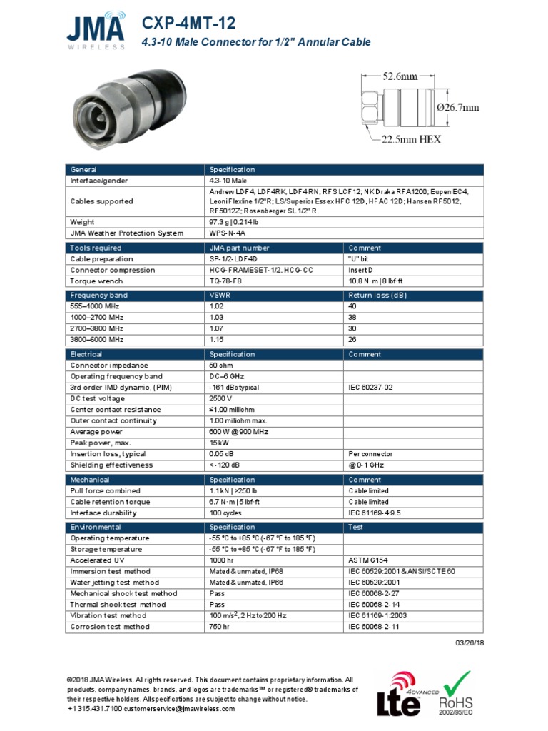 CXP-4MT-12: 4.3-10 Male Connector For 1/2" Annular Cable | Download ...