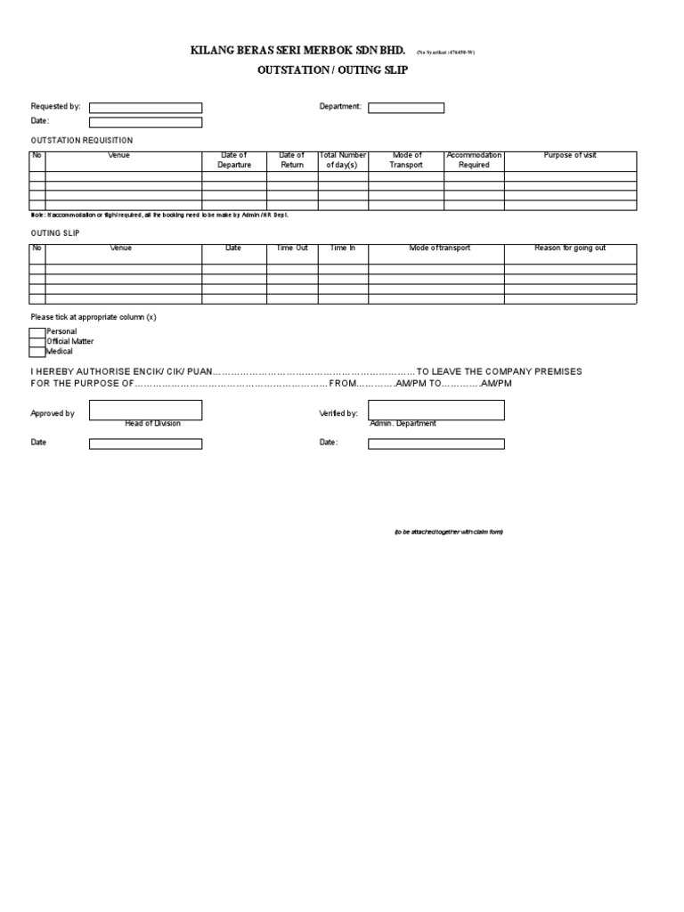 Outstation / Outing Slip Kilang Beras Seri Merbok SDN BHD | PDF