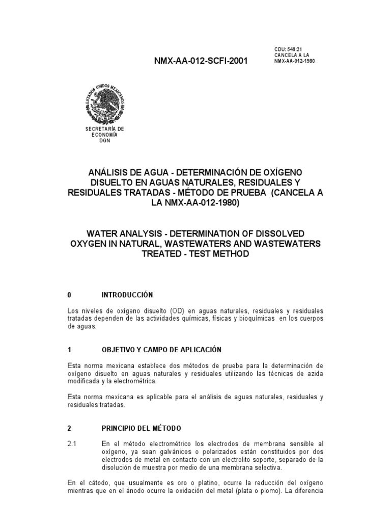 Nmx-Aa-012-Scfi-2001 - D. de Oxigeno Disuelto PDF | PDF | Medición ...