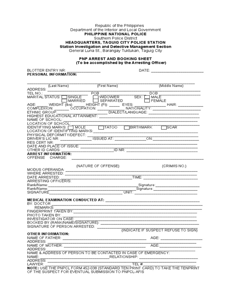 Arrest and Booking Form | PDF | Legal Action | National Security