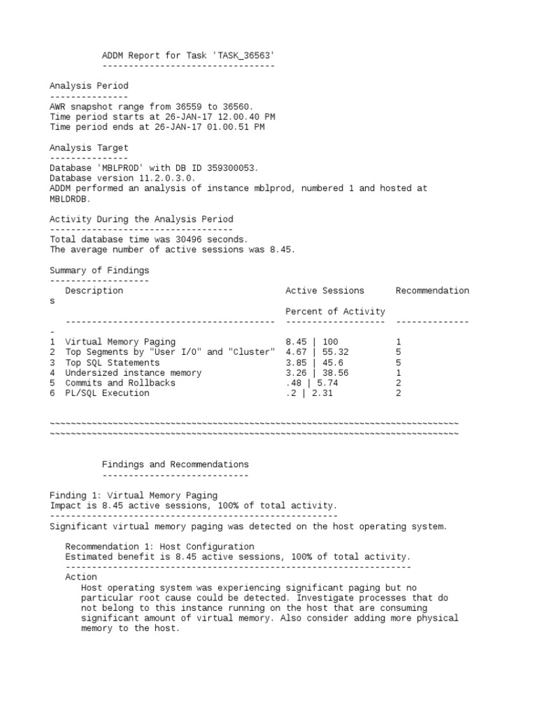 ADDM Report Analysis and Recommendations for Improving Database Performance on Instance MBLPROD ...