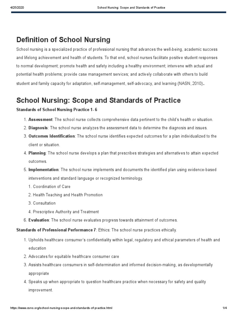 School Nursing - Scope and Standards of Practice | PDF | Nursing ...