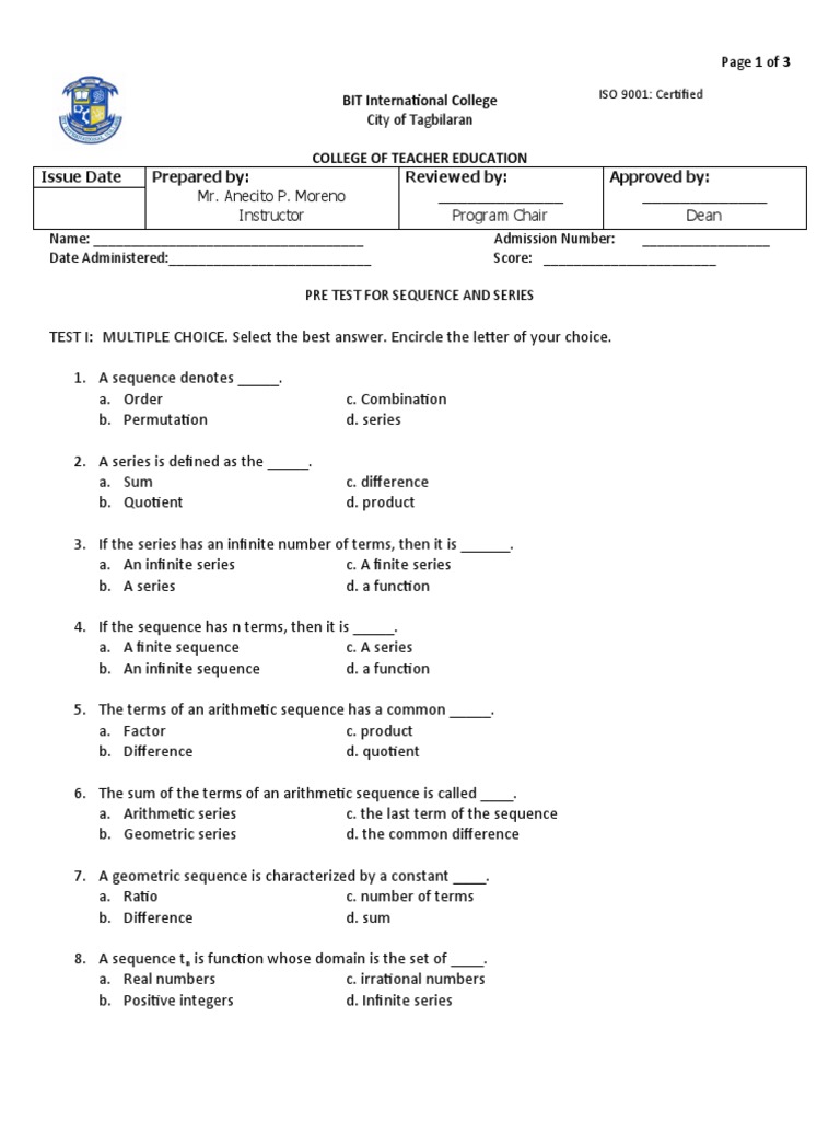 Sequence and Series Practice Test | PDF | Sequence | Numbers