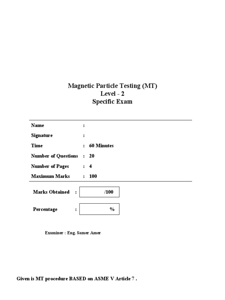 Magnetic Particle Testing (MT) Level - 2 Specific Exam | PDF | Magnet ...